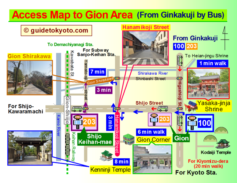 How to get (attractions in Gion from bus stops arriving from Ginkakuji ...