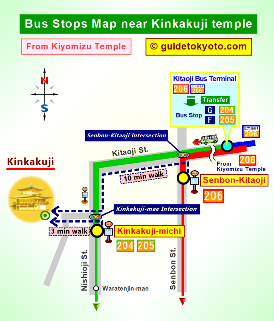 How to get (bus stops map near Kinkakuji from Kiyomizu Temple)202304b | Kyoto Bus & Train Guide